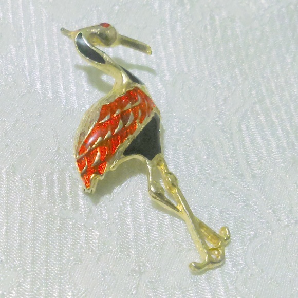 Vintage | Jewelry | Vintage Gold Tone Enameled Crane Brooch | Poshmark